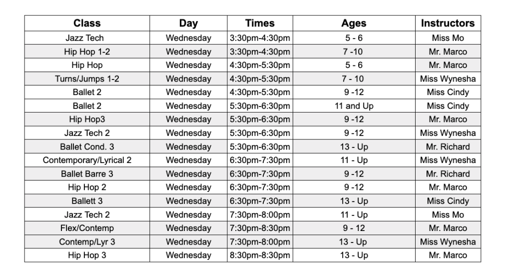Class Schedule By Day – Adage Dance Center