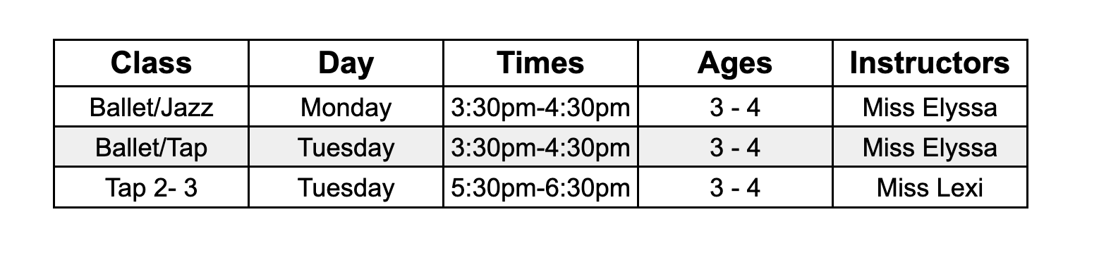 Class Schedule By Age – Adage Dance Center