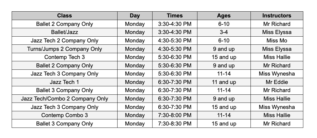Class Schedule By Day – Adage Dance Center