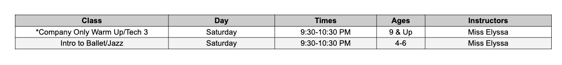 Class Schedule By Day – Adage Dance Center