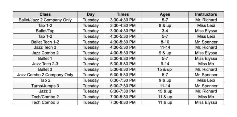Class Schedule By Day – Adage Dance Center